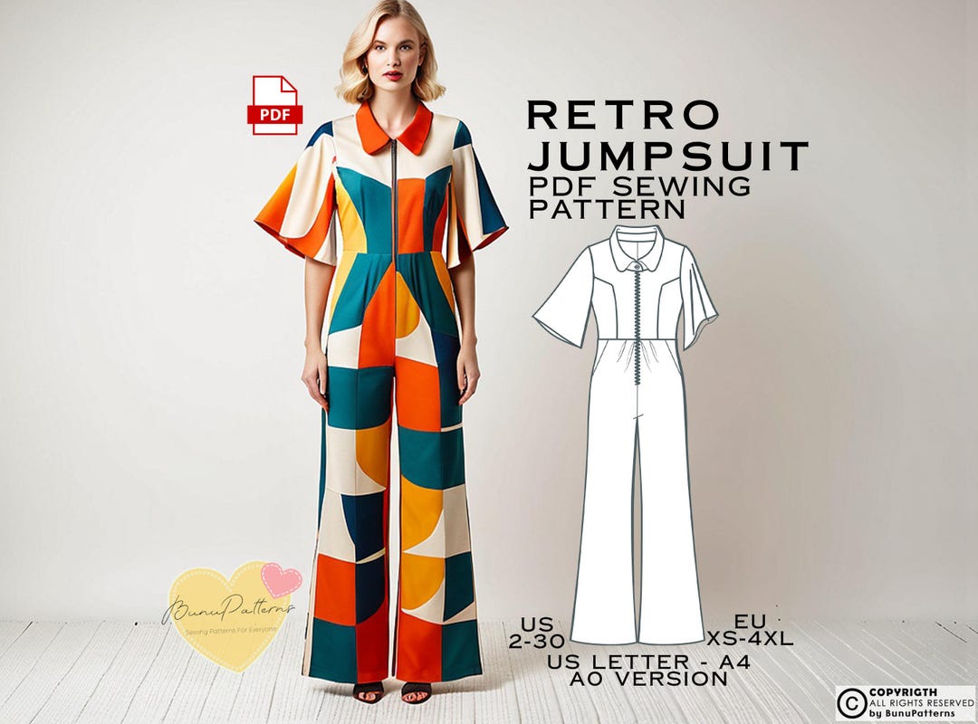 60's Vintage Jumpsuit Sewing Pattern, PDF Sewing Pattern, Easy Digital Pdf, US Sizes 2-30, Eu Xs ...