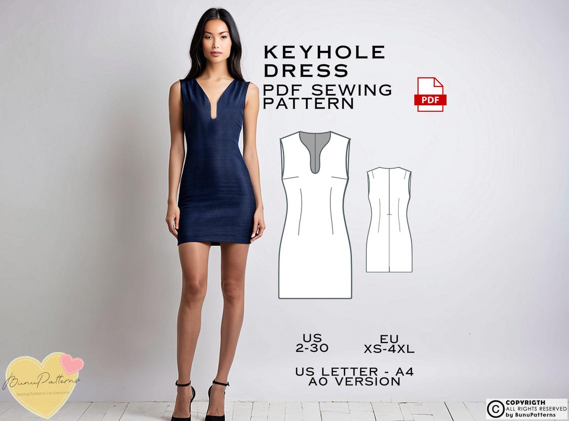 Keyhole Neckline Shift Dress Sewing Pattern: US Sizes 2-30 (digital PDF ...