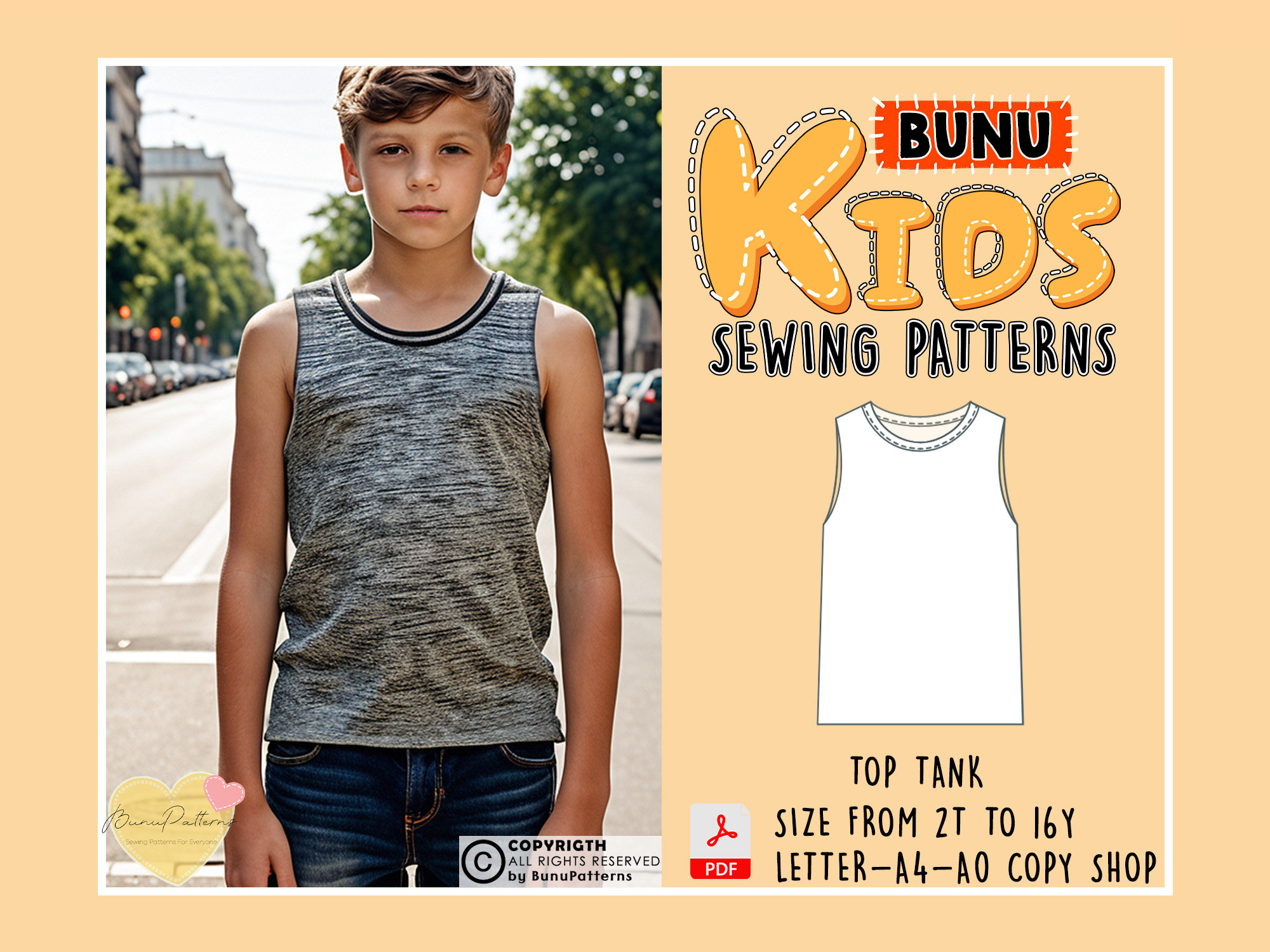 Kids' Top Tank Sewing Pattern: Unisex Toddler T-shirt (2T-16Y) (PDF ...