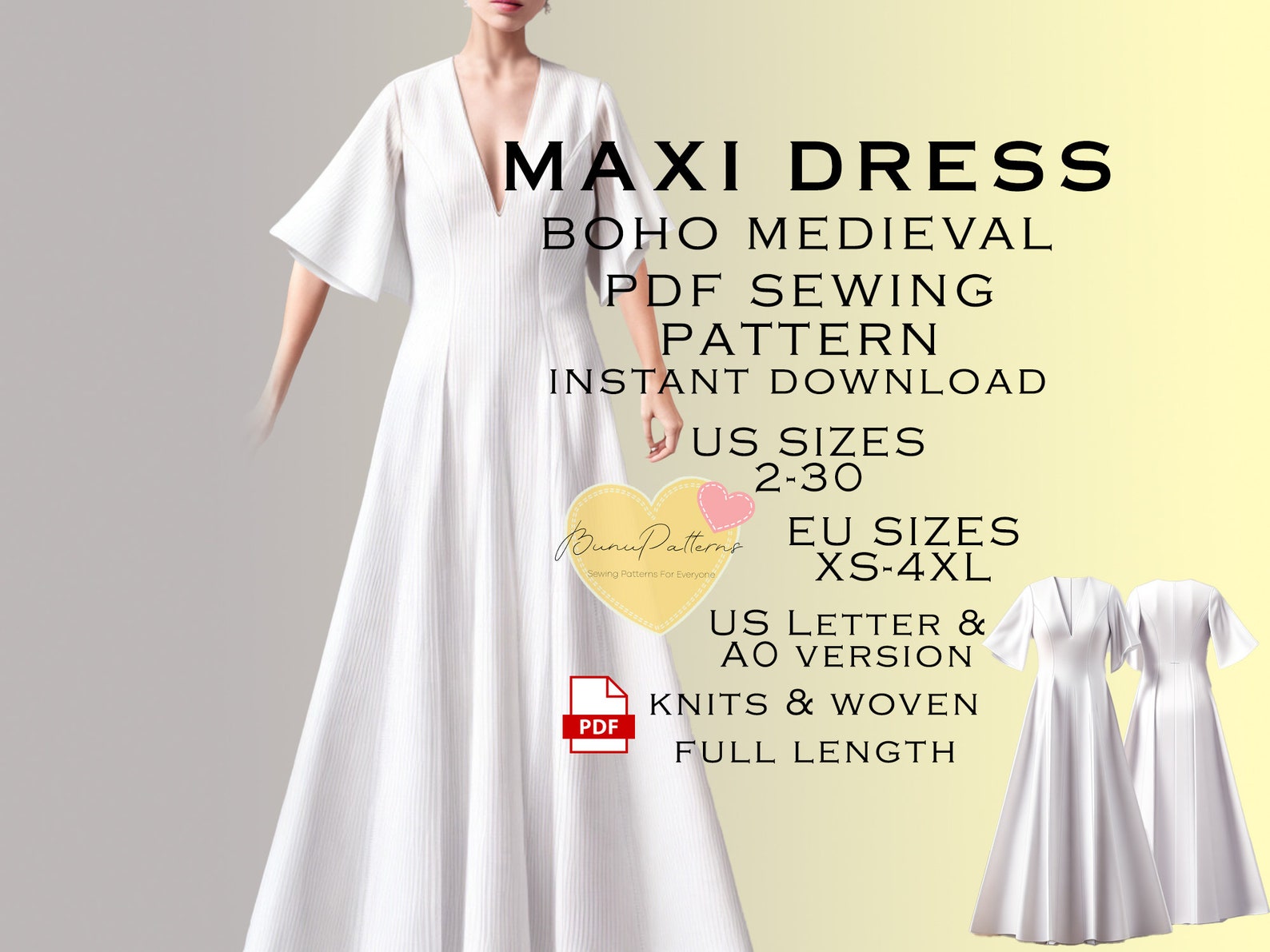 Maxi Dress Sewing Pattern, Medieval Boho Dress PDF Sewing Pattern ...
