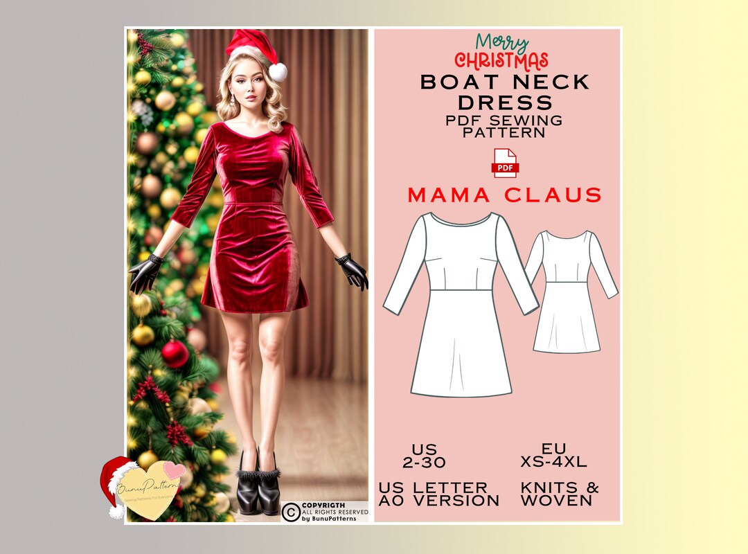 Mrs. Claus Dress Sewing Pattern, Boat Neck Dress PDF Sewing Pattern ...