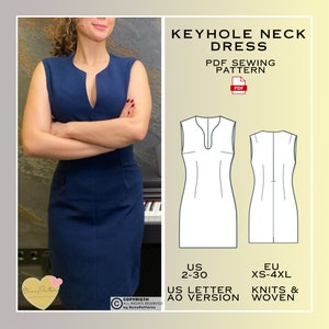 Keyhole Neckline Dress Sewing Pattern, Shift Dress PDF Sewing Pattern ...
