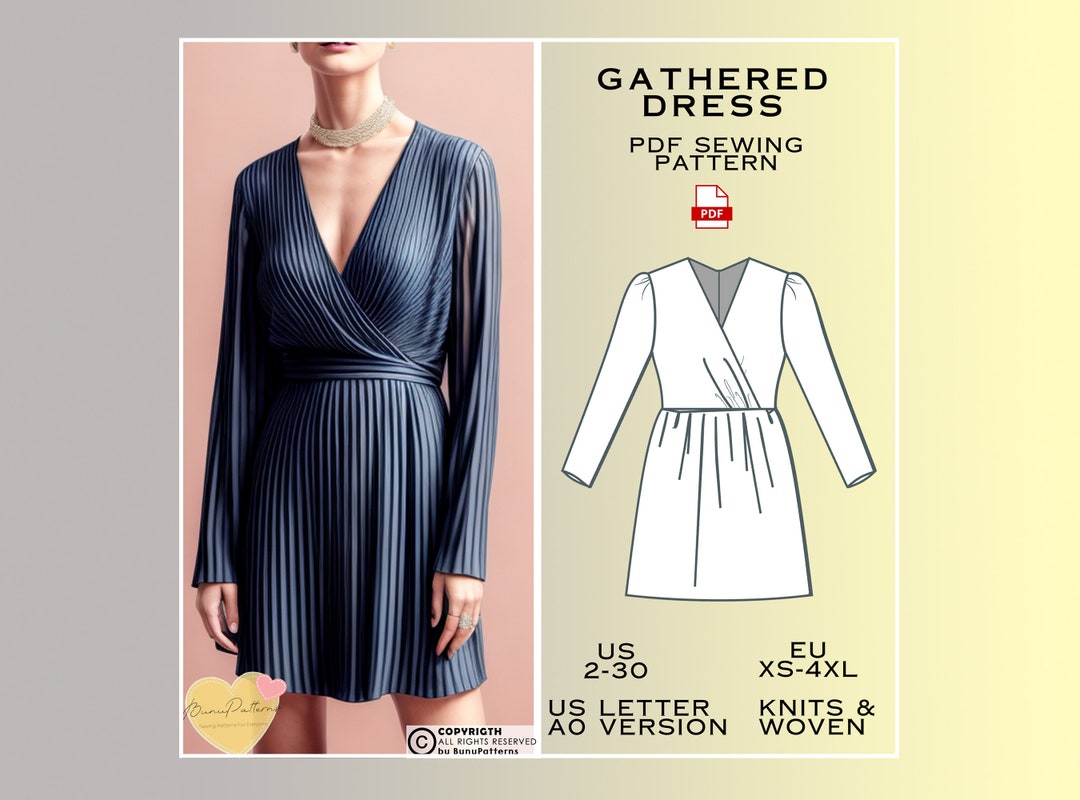 Surplice Neck Dress Sewing Pattern, Gathered Dress Pattern, Us 2-30 ...