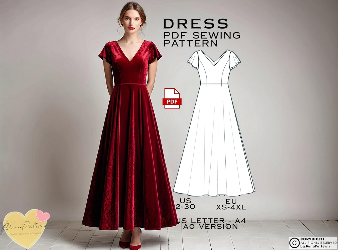 V Neck Dress Sewing Pattern: Vintage Style, US Size 2-30 (PDF Pattern ...