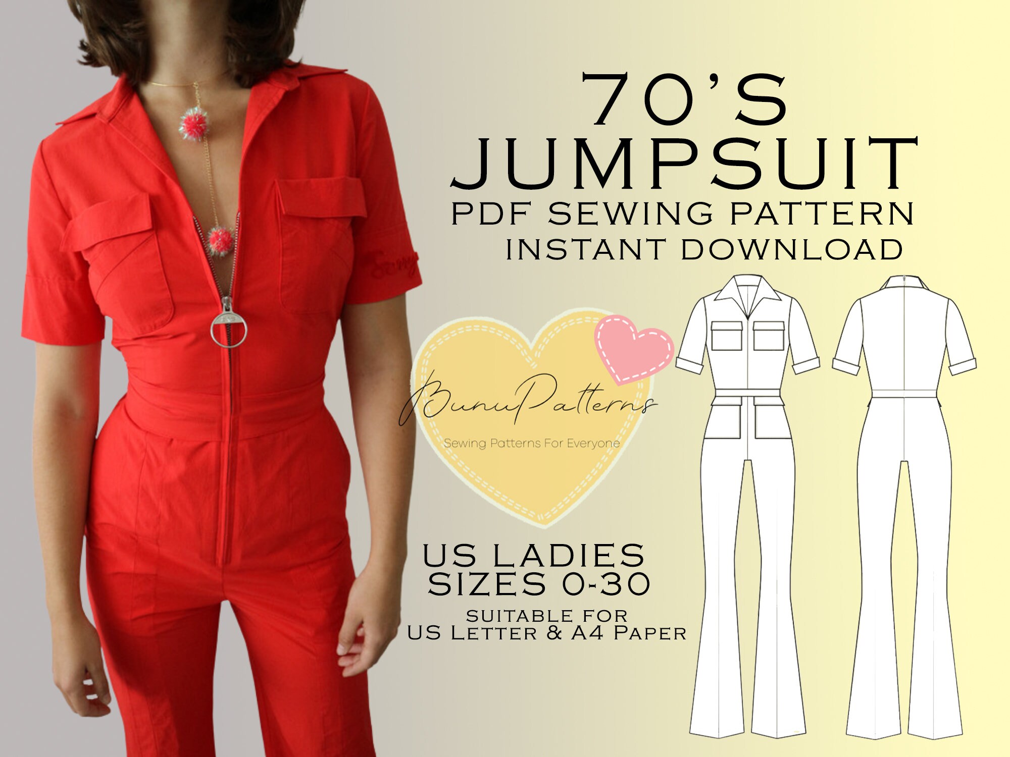70's Jumpsuit Sewing Pattern PDF Sewing Pattern Instant - Etsy UK