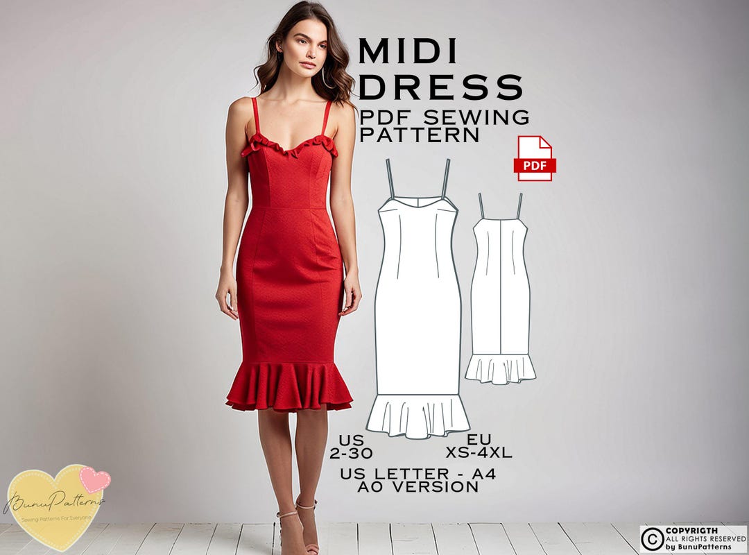 Ruffle Midi Dress Sewing Pattern: Plus Size Prom, Bridesmaid (PDF ...