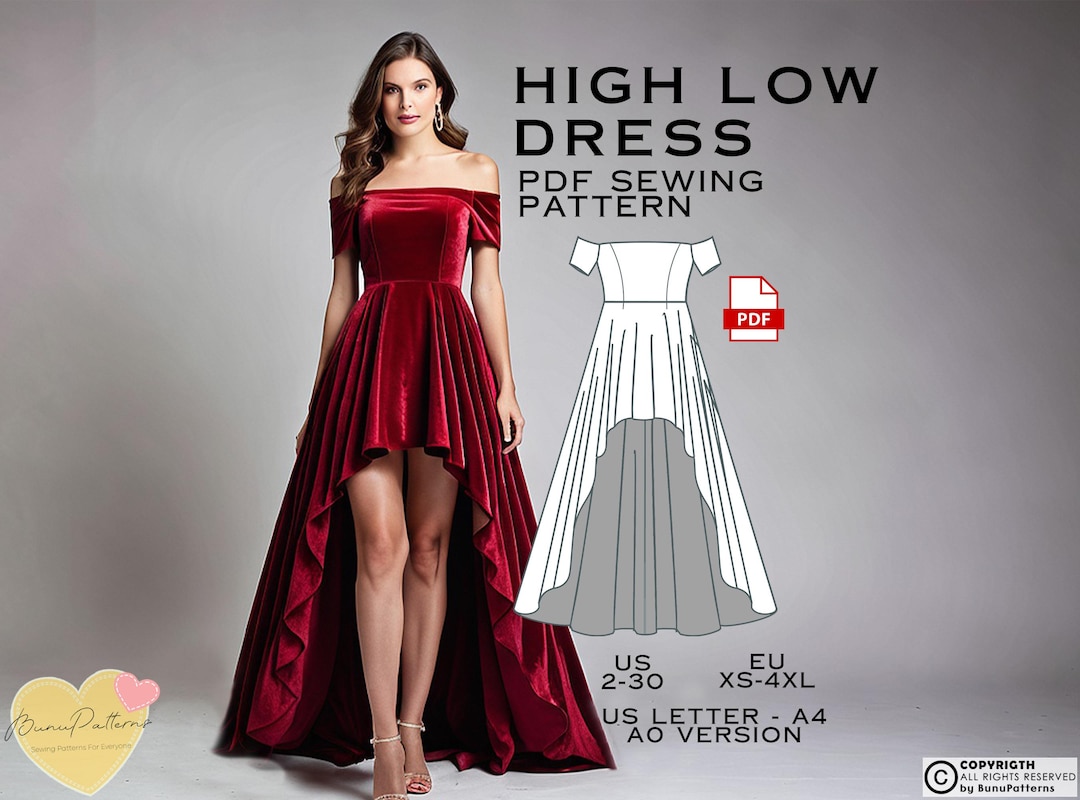 Hi-low off Shoulder Dress Sewing Pattern: Prom, Bridesmaid (PDF Pattern ...