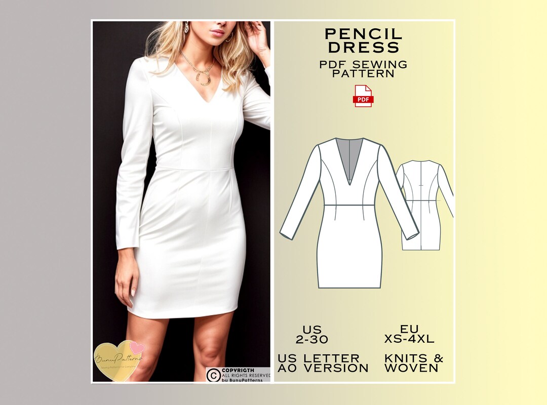 Pencil Dress Sewing Pattern, PDF Sewing Pattern Instant Download, Easy ...