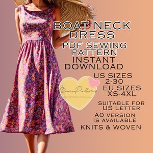 Pdf Sewing Pattern, Boat Neck Midi Dress, Graduation Dress Pattern ...
