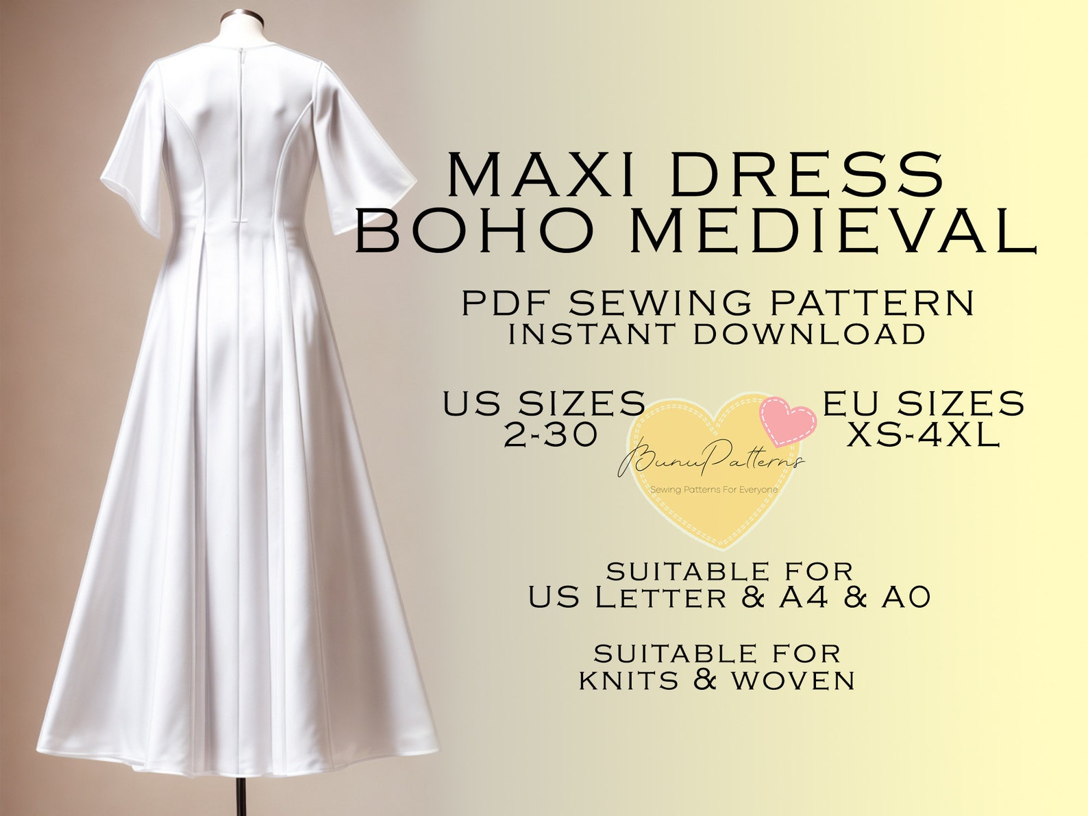 Maxi Dress Sewing Pattern, Medieval Boho Dress PDF Sewing Pattern ...