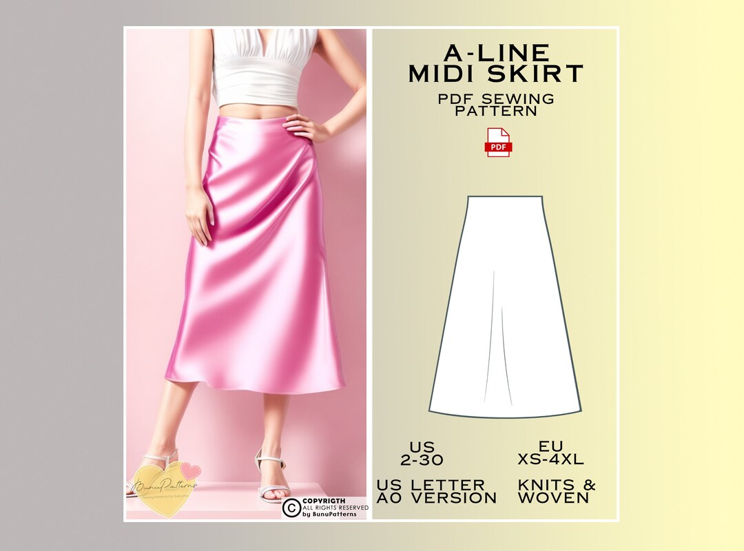 A-line Skirt Sewing Pattern, Midi Length PDF Sewing Pattern Instant ...