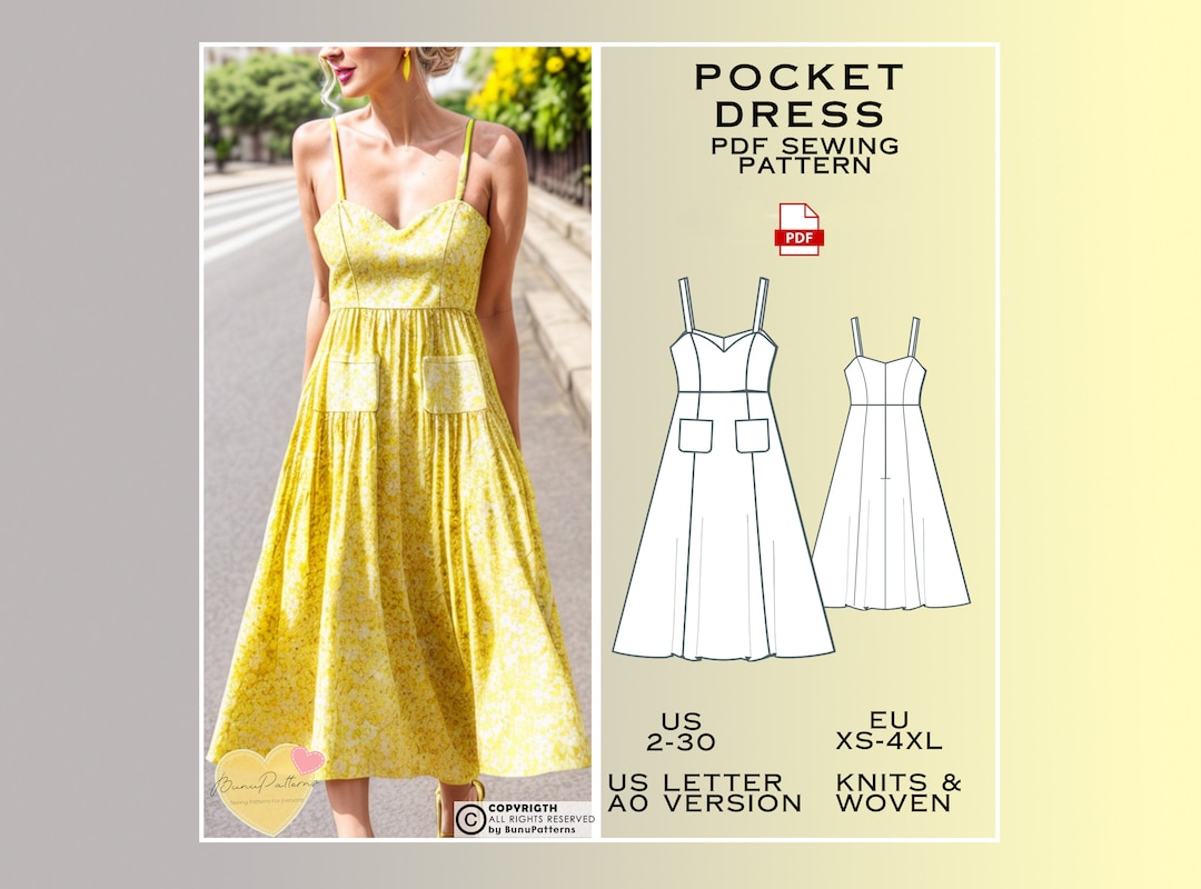 Pocket Dress Sewing Pattern, Midi Dress Pattern, Plus Size Dress, US ...