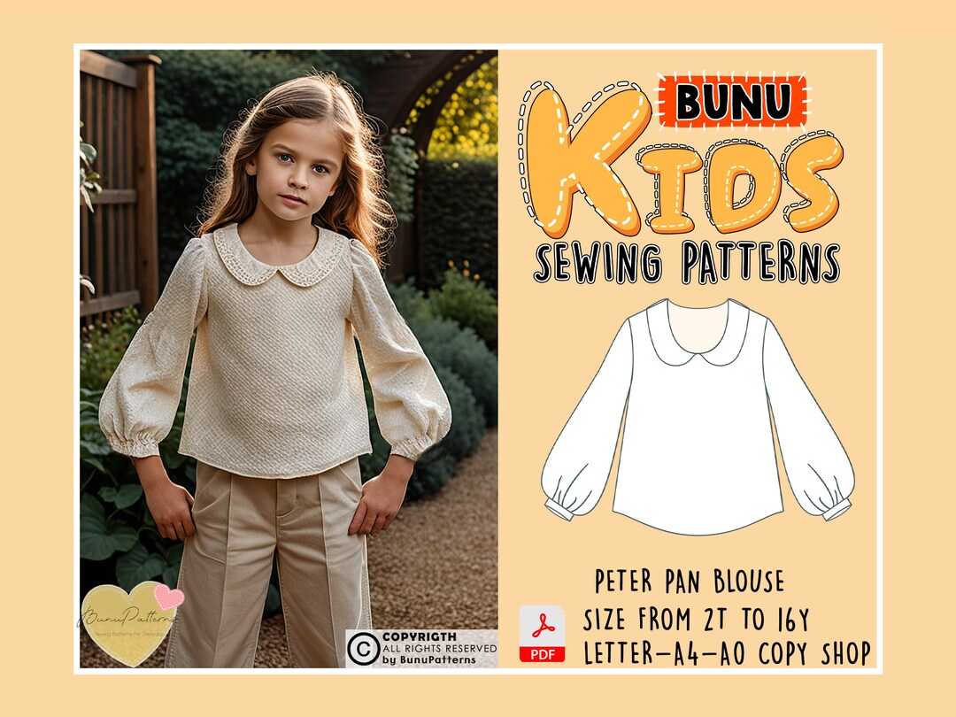 Girl Peter Pan Collar Top Sewing Pattern, Long Sleeve Girl Shirt PDF ...