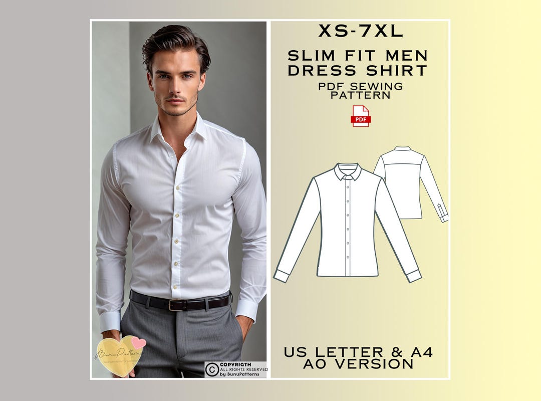 Men Slim Fit Shirt Sewing Pattern, Man Classic Shirt Sewing Pattern ...