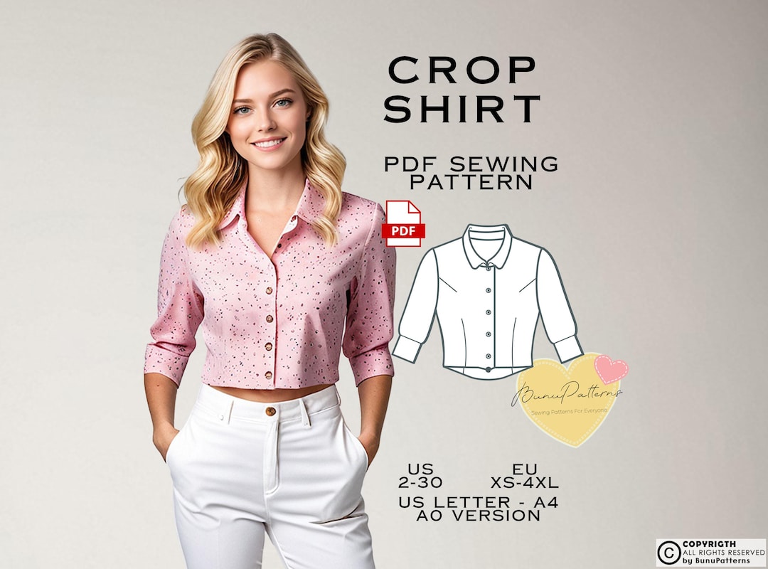 Crop Shirt Sewing Pattern: Vintage Blouse, Plus Size (PDF Pattern ...