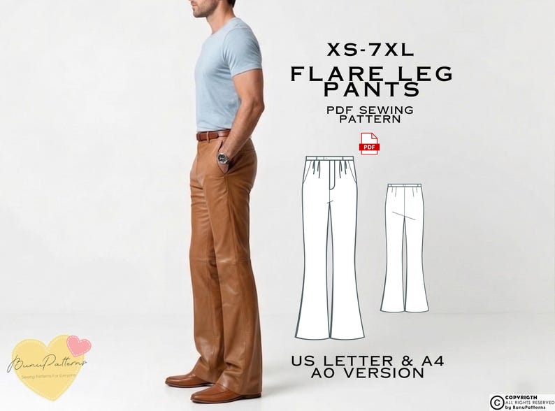 Men's 70s Flare Leg Pants Sewing Pattern: Plus Size XS-7XL (PDF Pattern ...