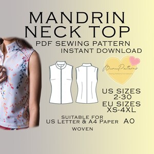 Mandarin Neck Top Sewing Pattern T-shirt PDF Sewing Pattern - Etsy