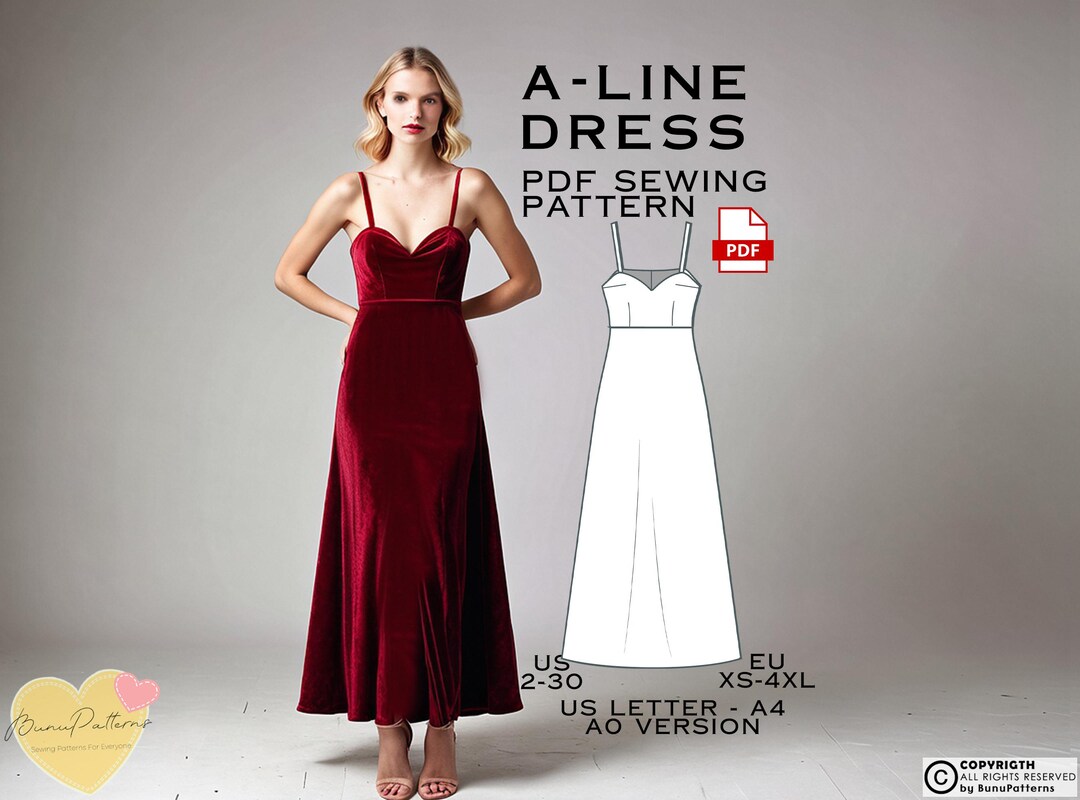 A-line Full Lenght Dress Sewing Pattern, PDF Sewing Pattern, Easy Digital Pdf, Eu Xs-4xl, Us ...