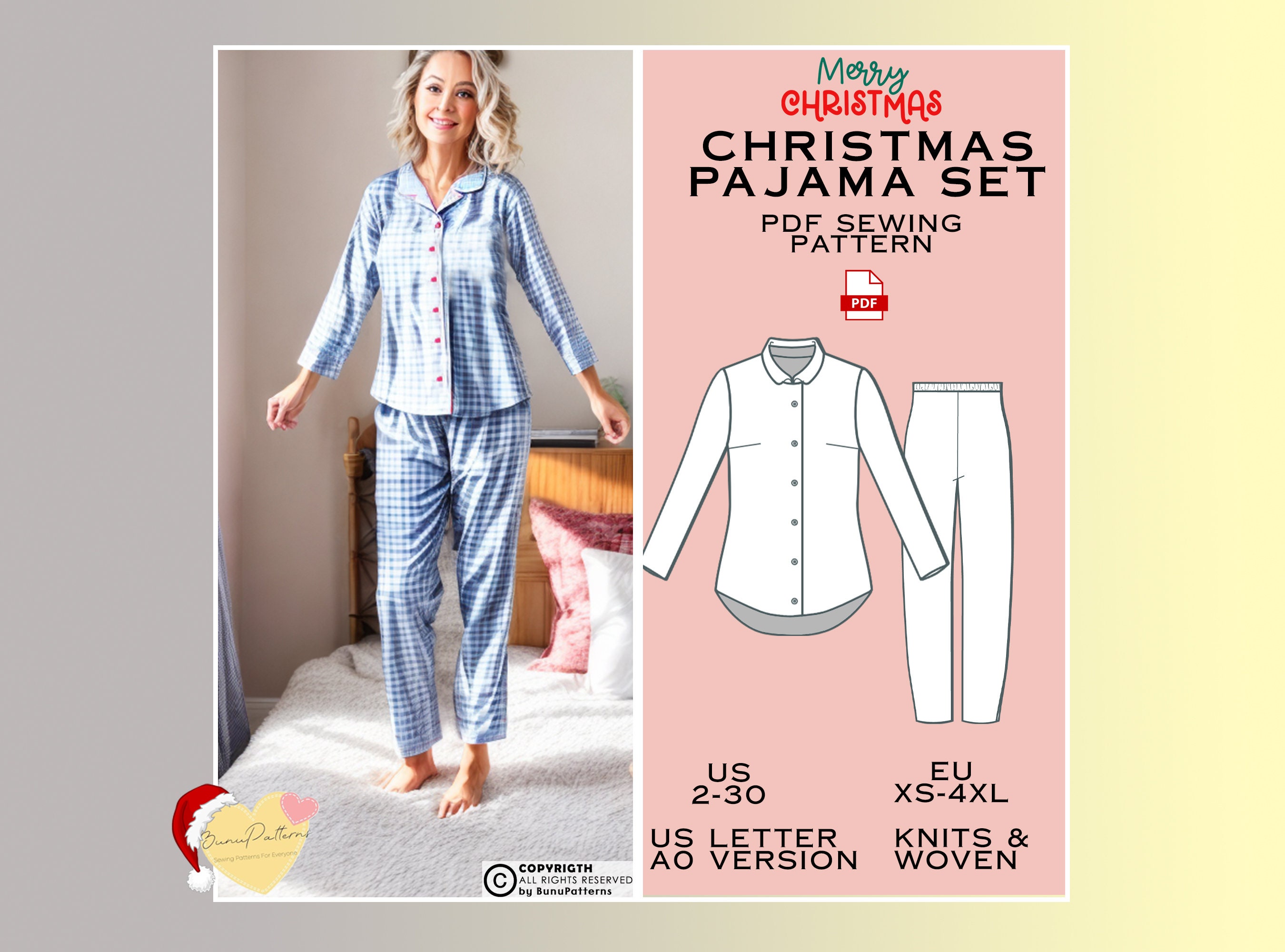 Christmas Pajama Sewing Pattern, Woman Pyjamas Set PDF Sewing Pattern ...