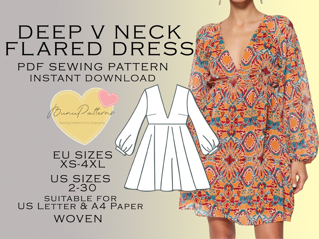 V Neck Dress Sewing Pattern PDF Sewing Pattern Eu Xs S M L - Etsy