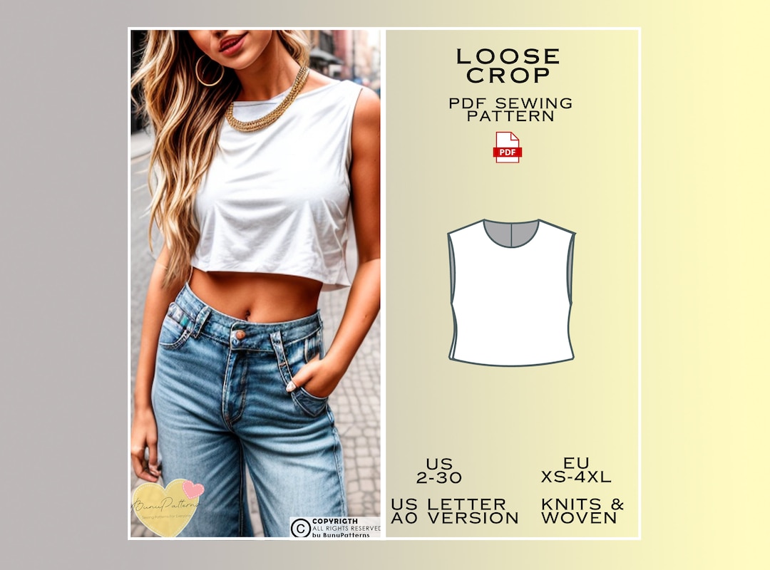 Loose Fit Crop Top Sewing Pattern, T-shirt PDF Sewing Pattern Instant ...