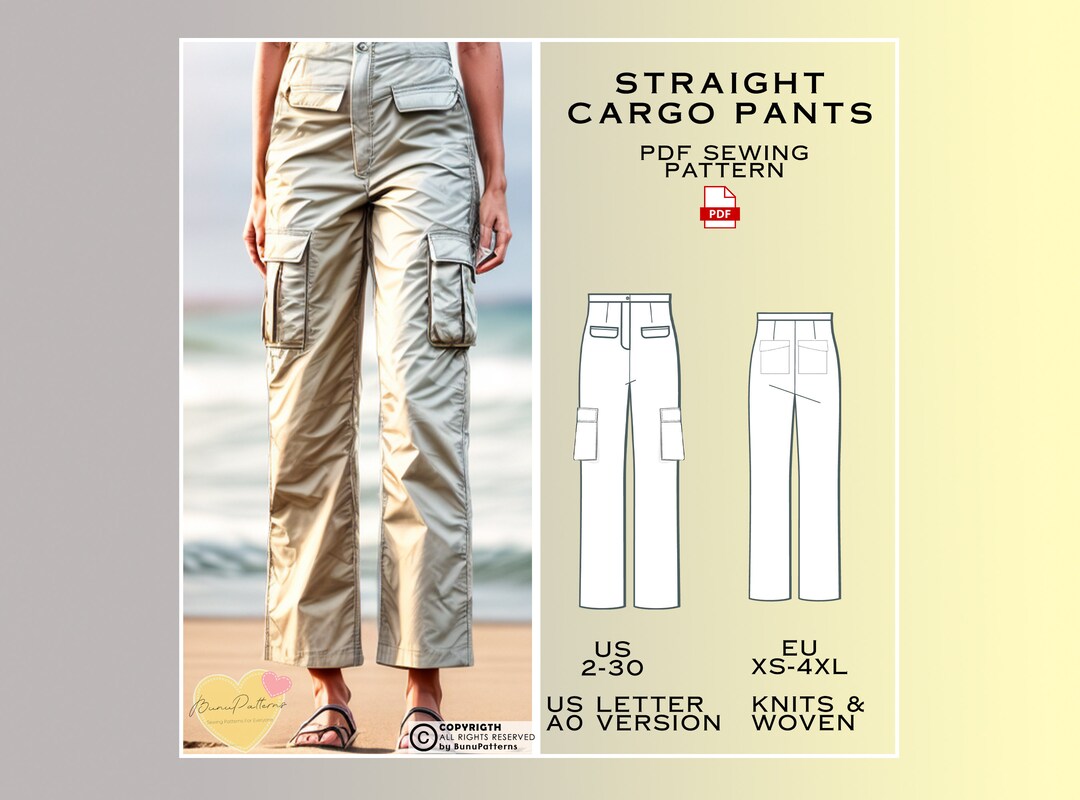 Straight Leg Cargo Pants Sewing Pattern: Ladies Sizes 2-30 (PDF Pattern ...