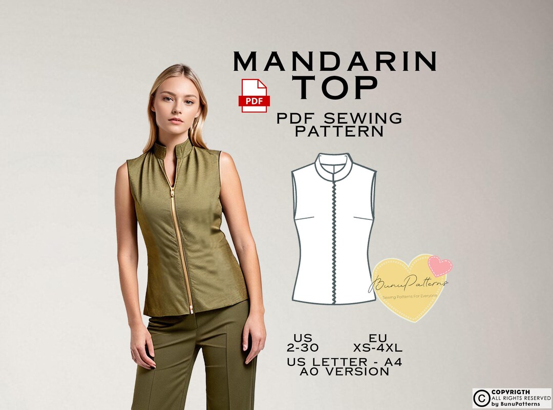 Mandarin Neck Top Sewing Pattern, US Sizes 2-30 (PDF Download) - Etsy