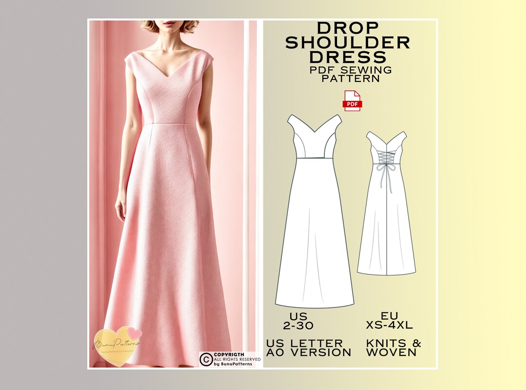 A-line Full Length Dress Sewing Pattern, Drop Shoulder Dress PDF Sewing ...