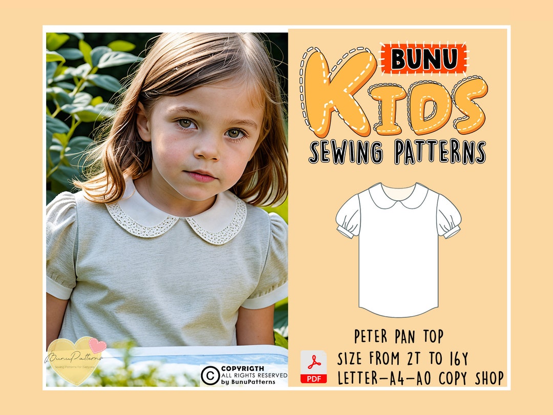 Girl Peter Pan Collar Top Sewing Pattern, Bishop Sleeve Girl T-shirt ...
