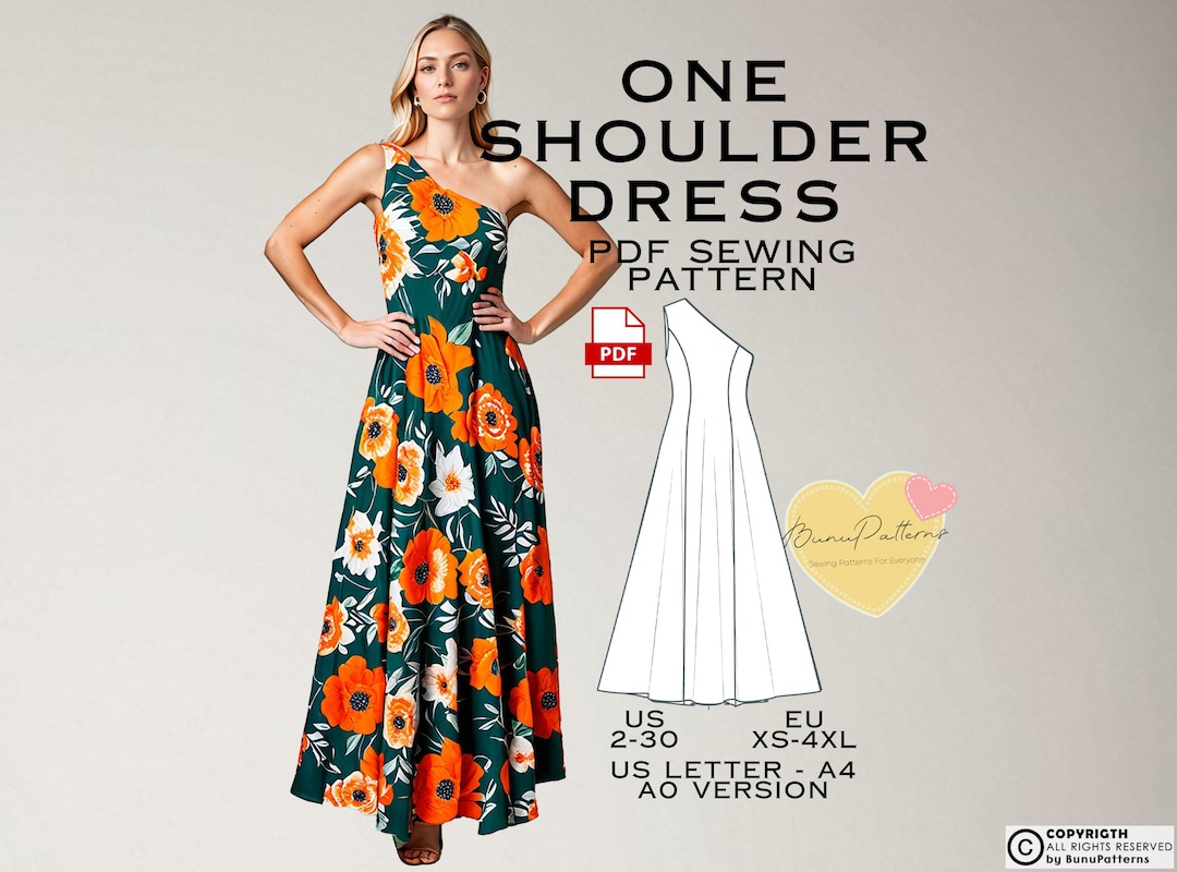 One Shoulder Dress Sewing Pattern: Flared Skirt, US Sizes 2-30 (PDF ...