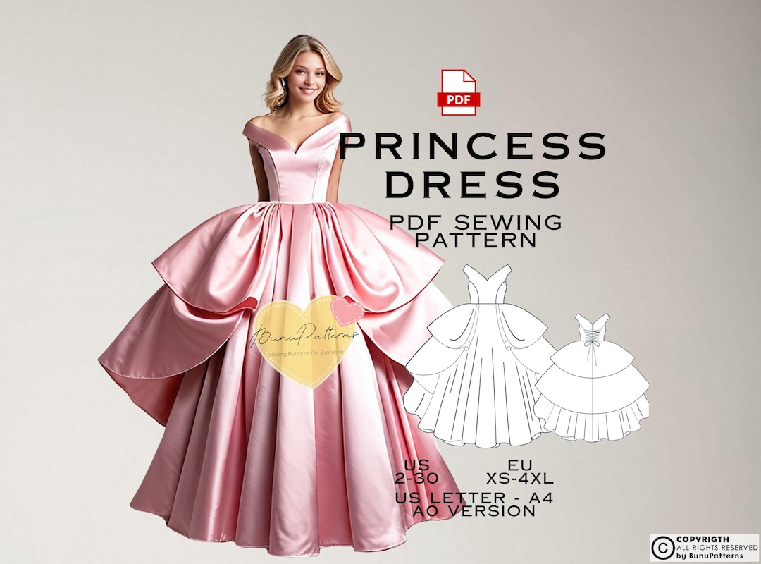 Princess Wedding Dress Sewing Pattern: Mid Century Ball Gown, US Sizes ...