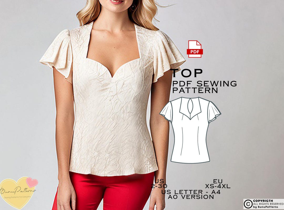 Sweetheart Neck Flared Sleeve Top Sewing Pattern (PDF Pattern) - Etsy