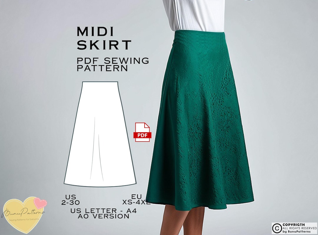 A-line Skirt Sewing Pattern, Midi Length PDF Sewing Pattern Instant ...