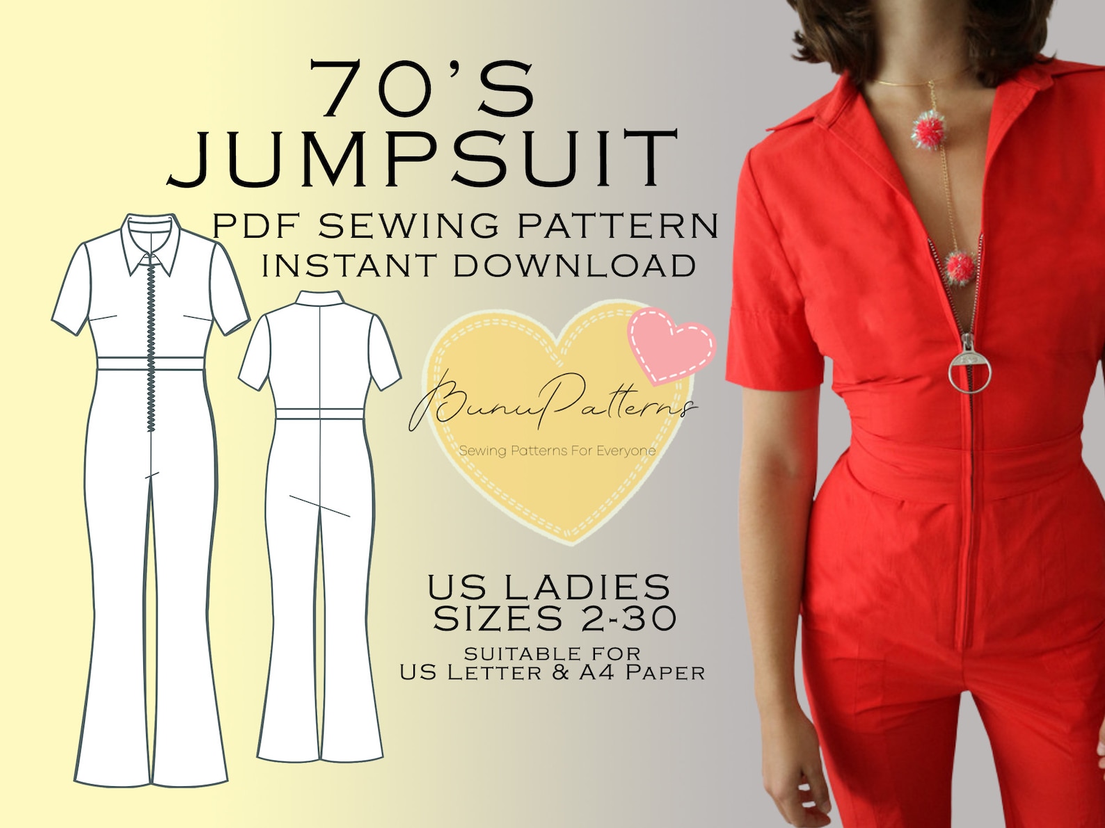 70's Jumpsuit Sewing Pattern PDF Sewing Pattern Instant - Etsy