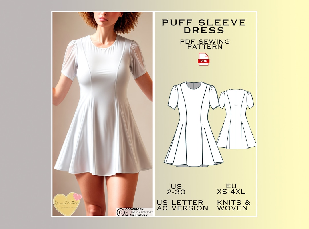 Puff Sleeves Dress Sewing Pattern, PDF Sewing Pattern Instant Download ...