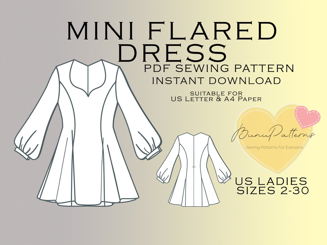 Mini Flared Dress Sewing Pattern Bishop Sleeves PDF Pattern - Etsy