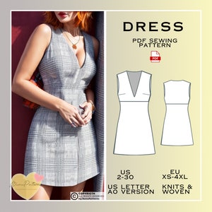 V Neck Dress Sewing Pattern, Above Knee Dress PDF Sewing Pattern ...
