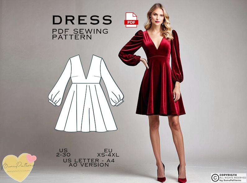 Patron de couture de robe à col en V, patron de couture PDF, robe ...