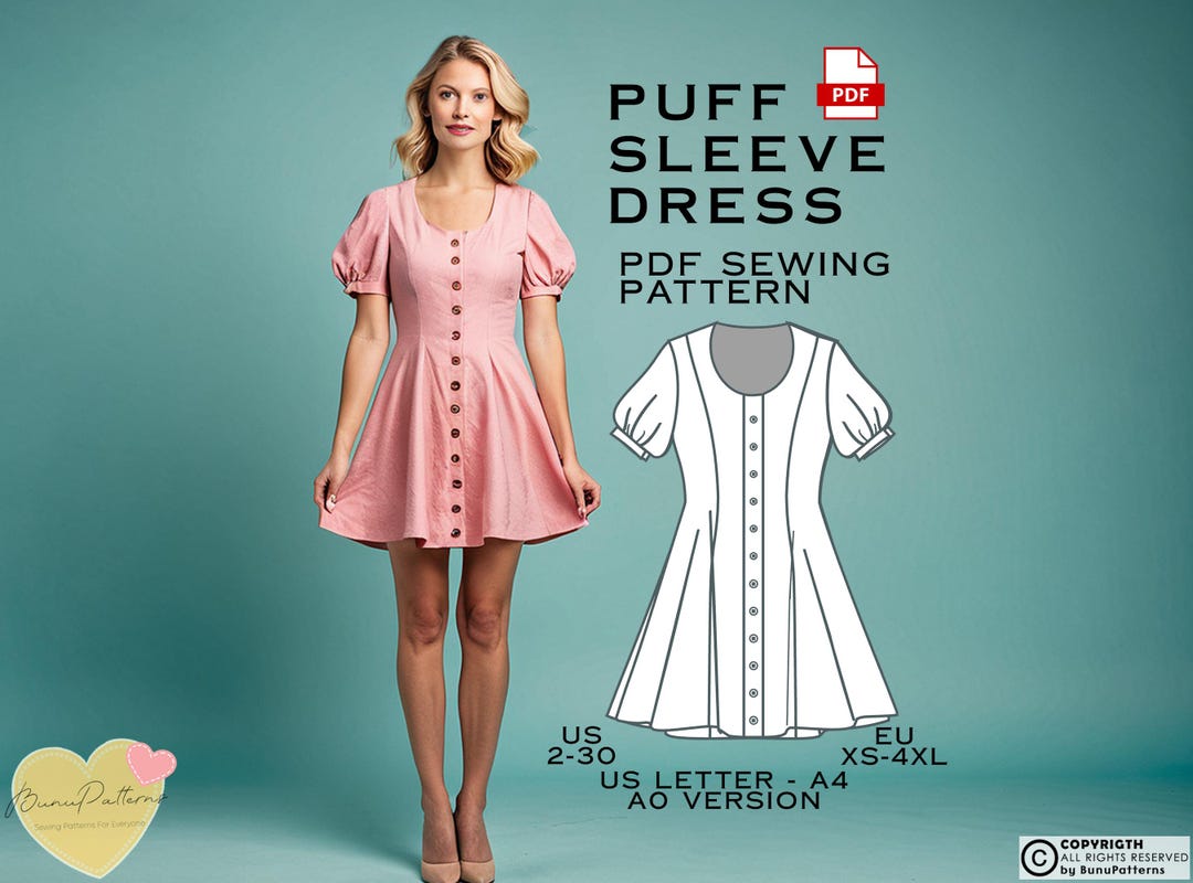 Puff Sleeve Button Down Dress Sewing Pattern, PDF Sewing Pattern ...