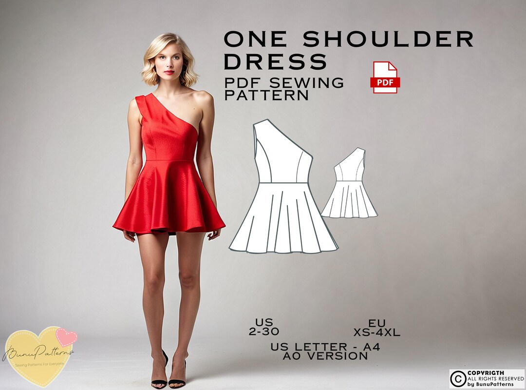 Mini Dress Sewing Pattern, One Shoulder PDF Sewing Pattern, Prom Dress ...