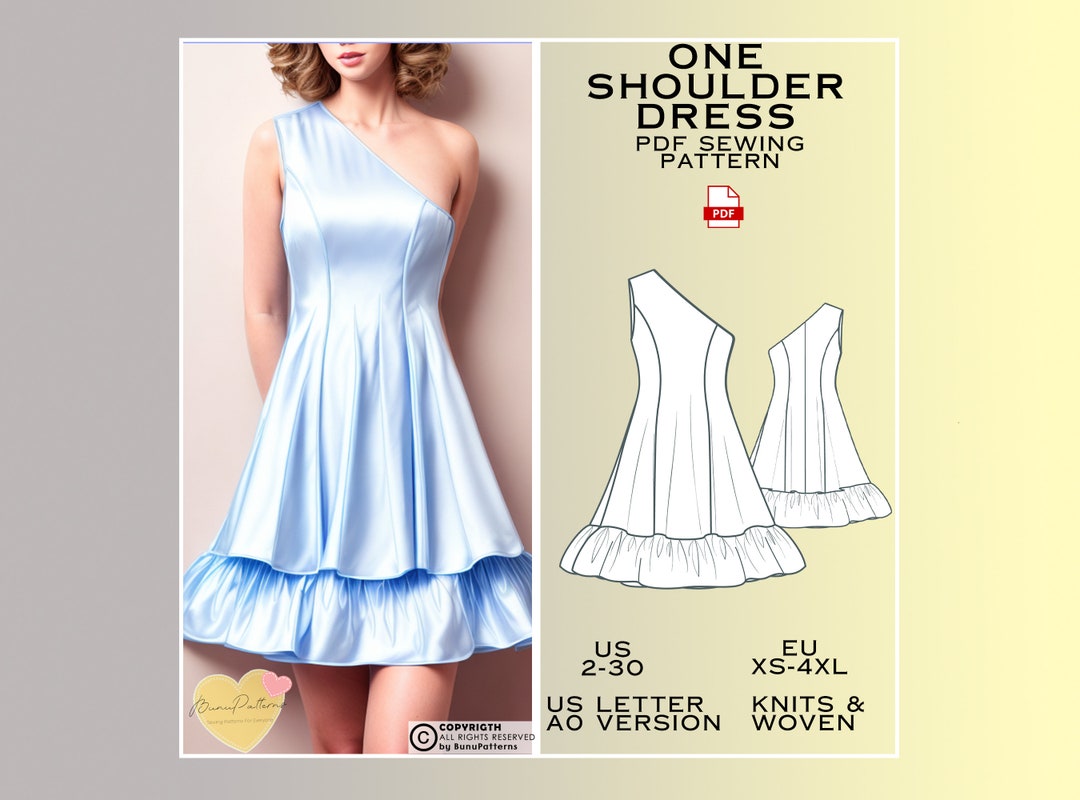 Ruffle Skirt One Shoulder Dress Sewing Pattern, PDF Sewing Pattern ...