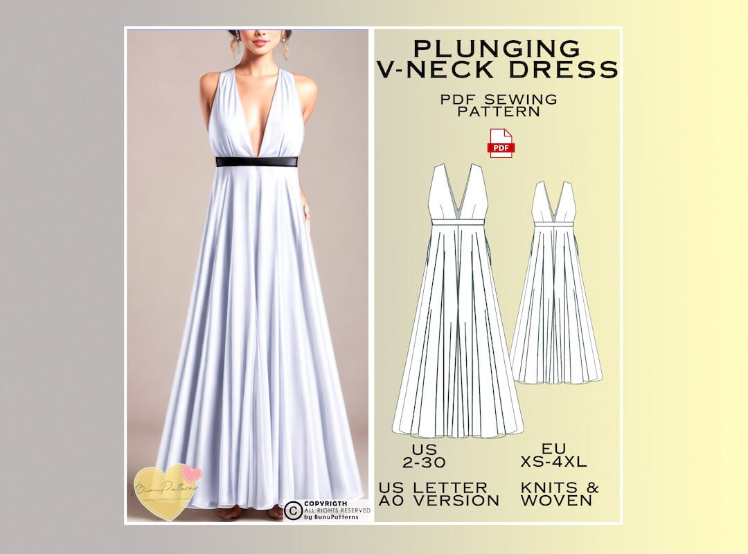 Plunging V Neck Dress Sewing Pattern, Prom Dress PDF Sewing Pattern ...