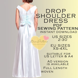 A-line Full Length Dress Sewing Pattern, Drop Shoulder Dress PDF Sewing ...