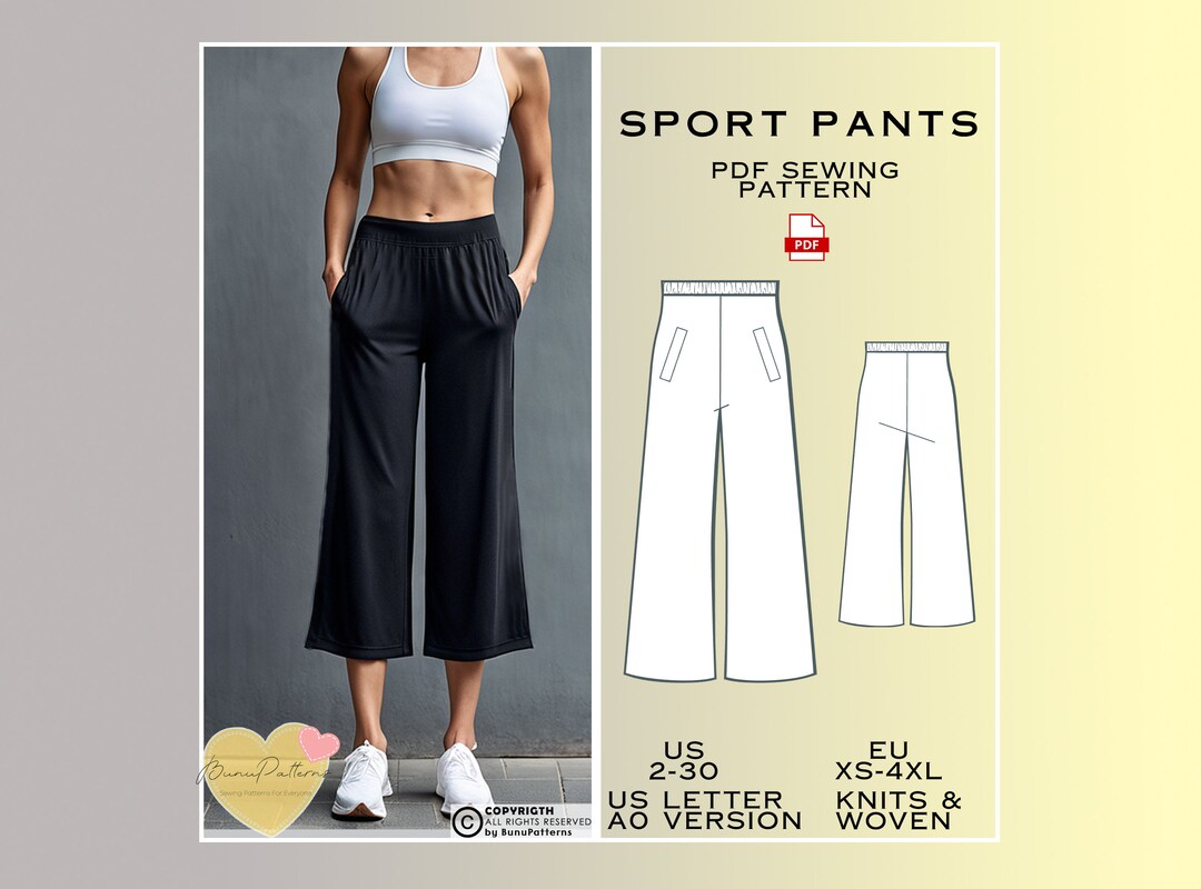 Wide Leg Sport Pants Sewing Pattern, Elastic Waistband PDF Sewing ...