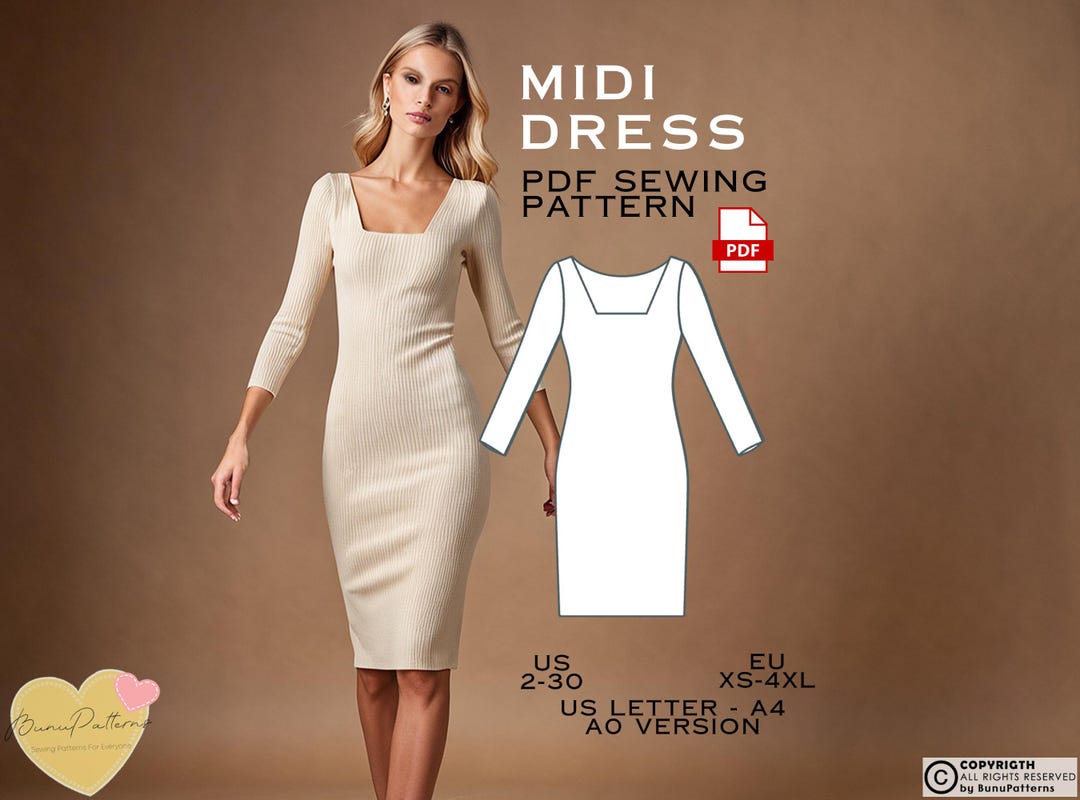 Stretch Midi Dress Sewing Pattern: US Sizes 2-30 (PDF Pattern) - Etsy