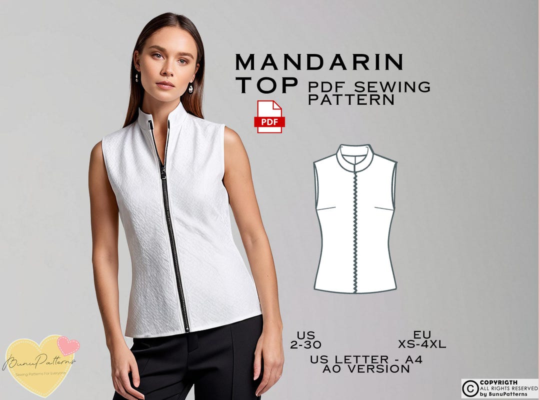 Mandarin Neck Top Sewing Pattern, T-shirt PDF Sewing Pattern Instant ...