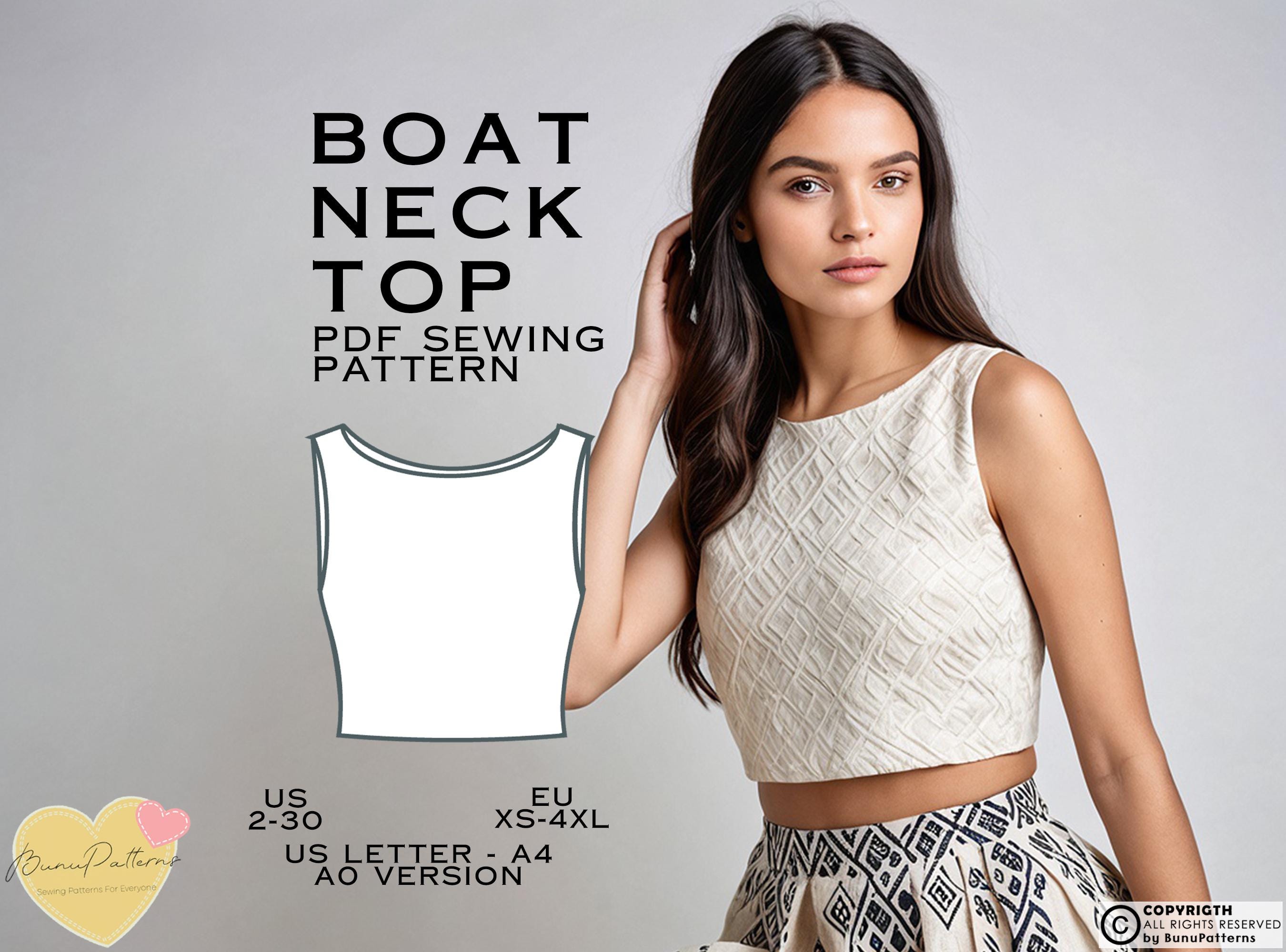 Boat Neck Crop Top Sewing Pattern: US Sizes 2-30 (PDF Download) - Etsy