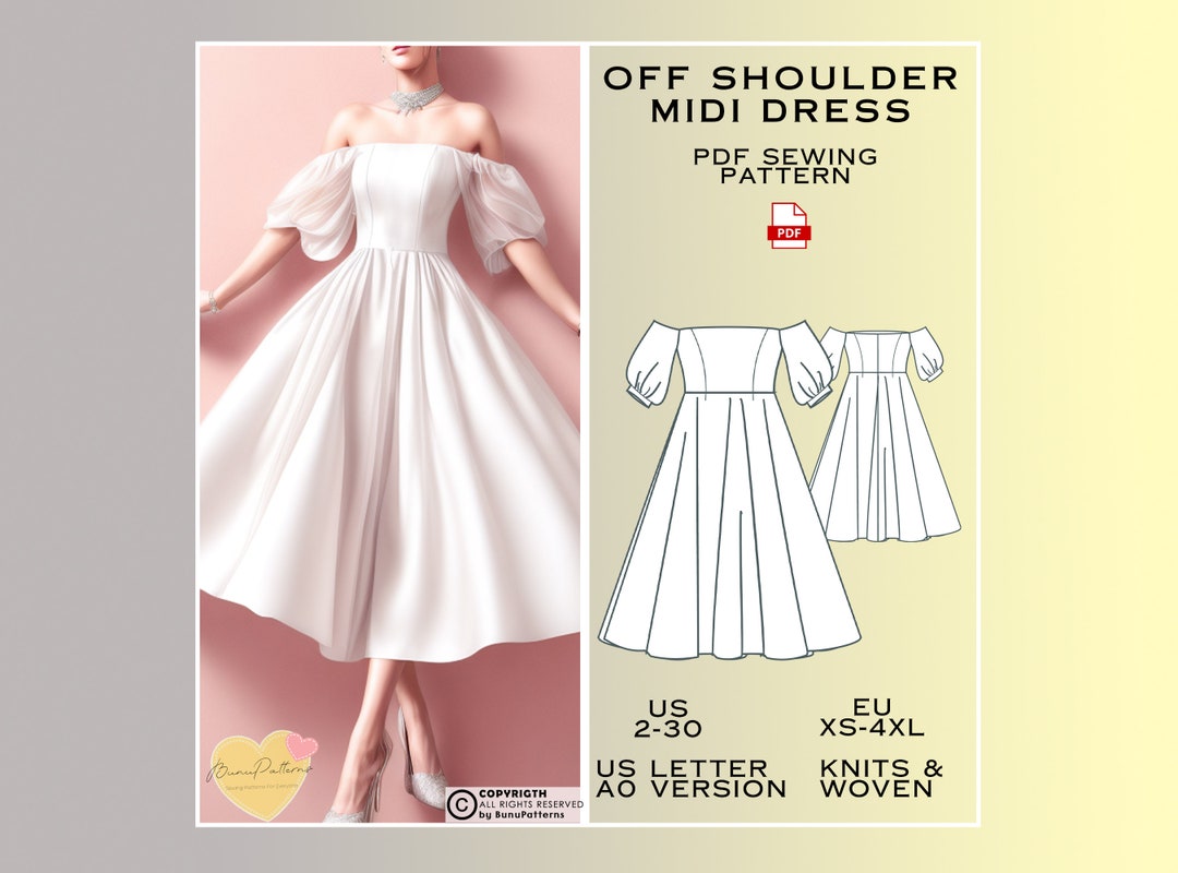 Off Shoulder Midi Dress Sewing Pattern, Prom Dress PDF Sewing Pattern ...