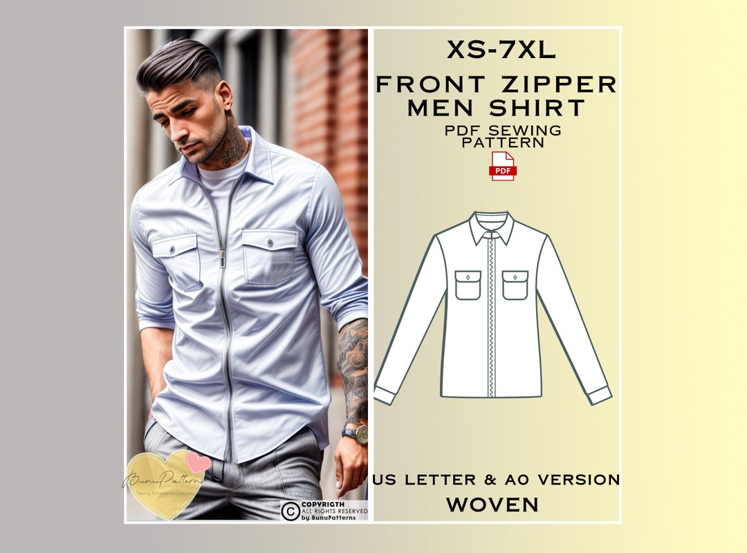 Front Zipper Shirt Jacket Sewing Pattern, Man Shirt Sewing Pattern, PDF ...