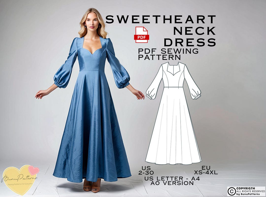 Sweetheart Neck Full Dress PDF Sewing Pattern, Prom Dress Sewing ...